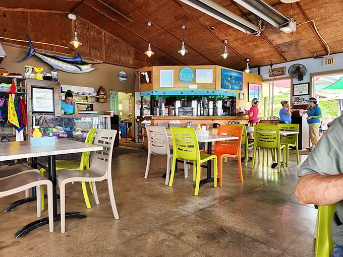Inside, colorful chairs pop against rustic wood, creating that perfect "I'm on vacation even though I live here" vibe that keeps locals coming back.