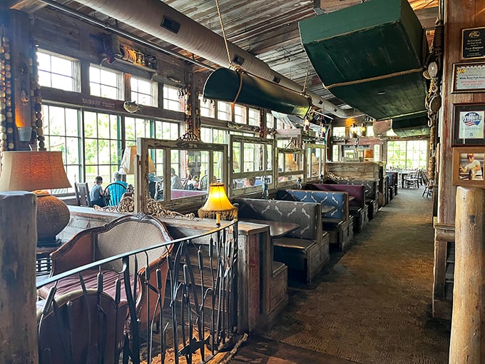 The interior feels like the cozy living room of that cool uncle who spent his life collecting fishing memorabilia and perfecting his cast.