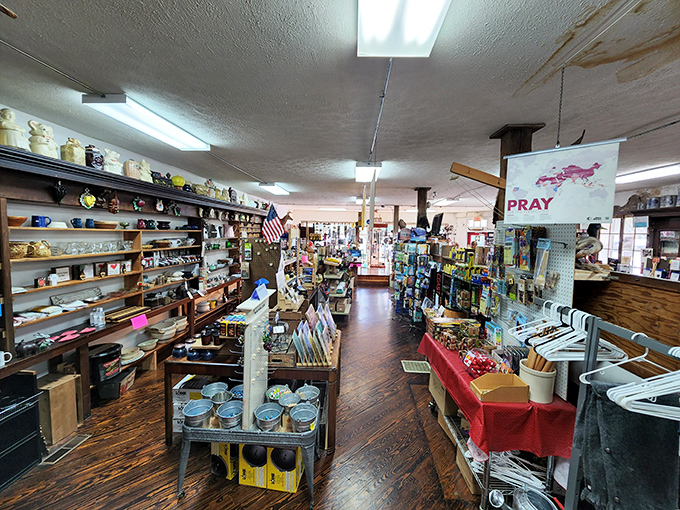 Step inside and time travel begins. Wooden floors speak of generations past while shelves packed with essentials and curiosities beckon exploration.