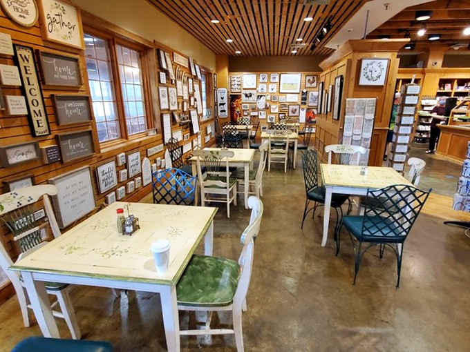Inside, country wisdom adorns every wall while simple tables invite you to sit a spell. Southern hospitality, served with a side of pecan pie.