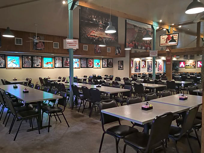 Razorback pride meets comfort food heaven in this spacious dining room where game day memories line the walls and anticipation fills the air.