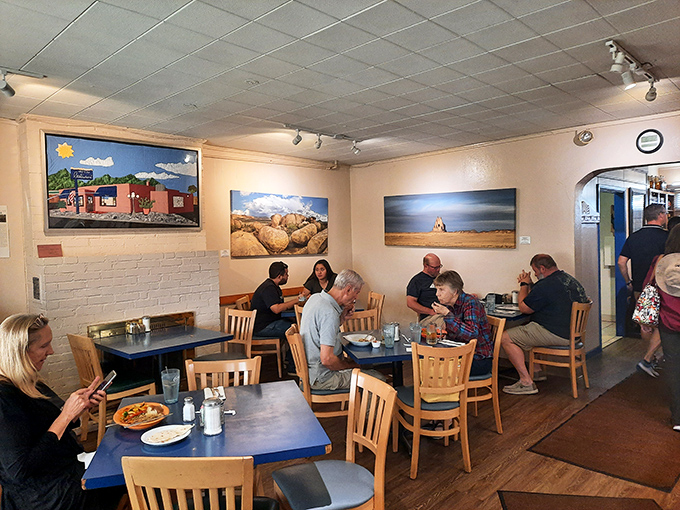 Local artwork adorns the walls while diners engage in the serious business of deciding between red or green chile&mdash;New Mexico's eternal question.