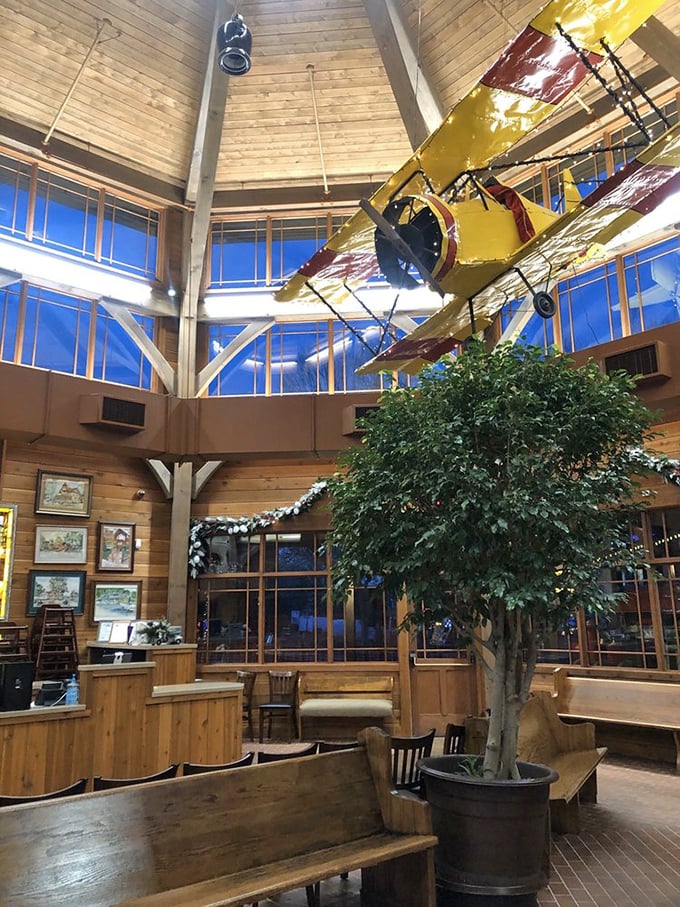 Soaring ceilings house a vintage yellow airplane, because every great meal should come with a side of whimsy and wonder.