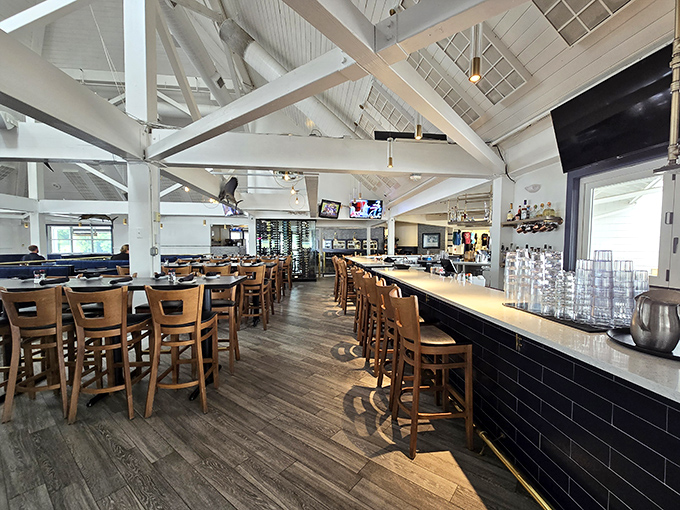 Bright, airy interiors with soaring white beams create the perfect backdrop for seafood indulgence, as if a New England boathouse took a Midwest vacation.