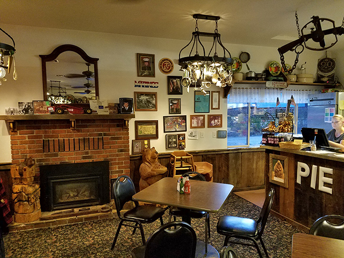 Step inside and the fireplace beckons like an old friend, while the "PIE" sign serves as the North Star for hungry travelers.