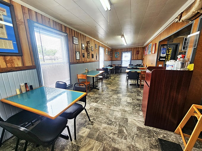 Step inside and you're transported to a cozy wood-paneled haven where fishing memorabilia adorns the walls and comfort awaits at every table.