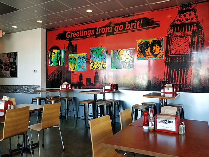 Pop art meets Big Ben on this vibrant wall mural. The "Greetings from go brit!" isn't just decoration&mdash;it's your passport to authentic British flavors.