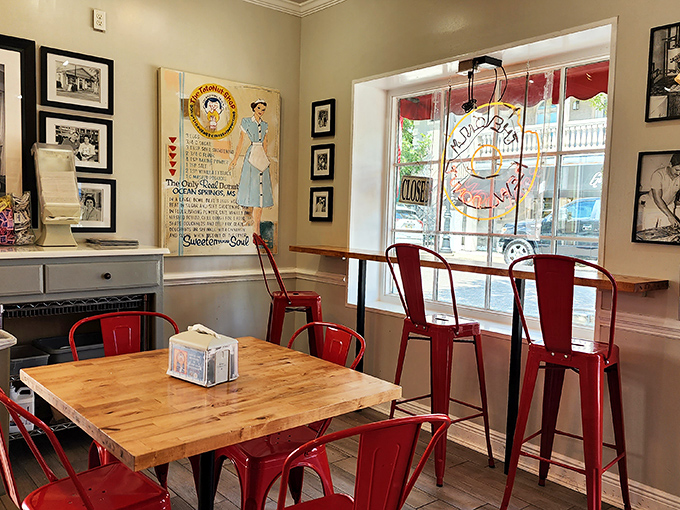 Inside Tato-Nut, time slows down. Red metal chairs invite you to linger while black and white photos on the walls whisper sweet tales of donuts past.