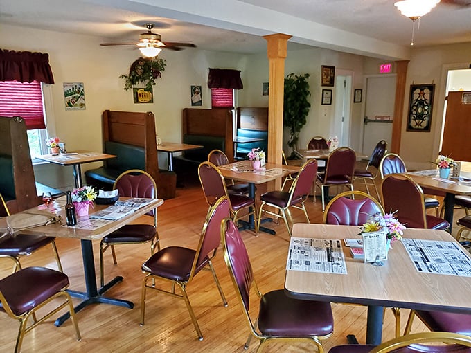 No designer lighting or trendy decor&mdash;just comfortable seating where generations have experienced steak nirvana. The burgundy chairs have witnessed countless "Oh my God" moments.