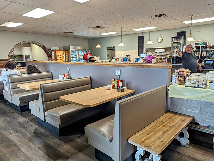 Classic diner charm in full effect - where comfortable booths, pendant lighting, and the promise of homestyle cooking create the perfect backdrop for pie-centered revelations.