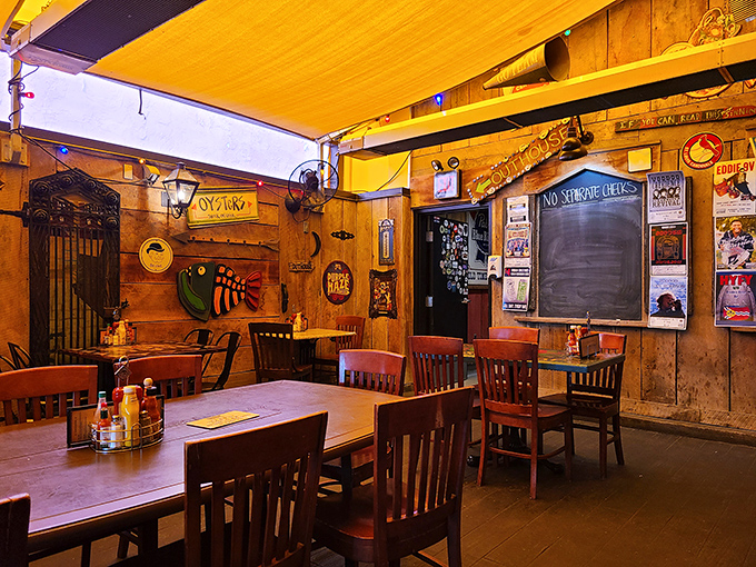 Wooden walls adorned with decades of memories and maritime treasures – this isn't decoration, it's a living museum of good times and better meals.