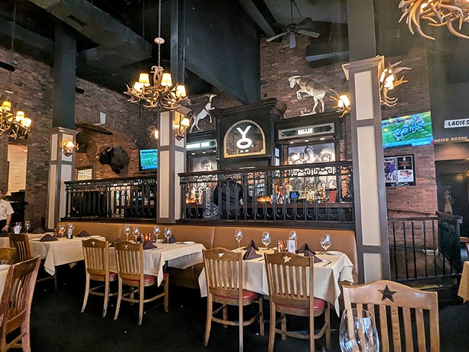 Antler chandeliers and mounted trophies create the perfect marriage of rustic Texas charm and white-tablecloth sophistication. Taxidermy never looked so appetizing.