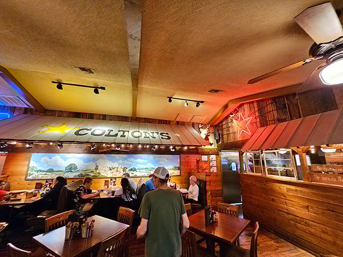 Inside, you're transported to a rustic ranch house where the star-adorned ceiling hints at the stellar meal experience to come.