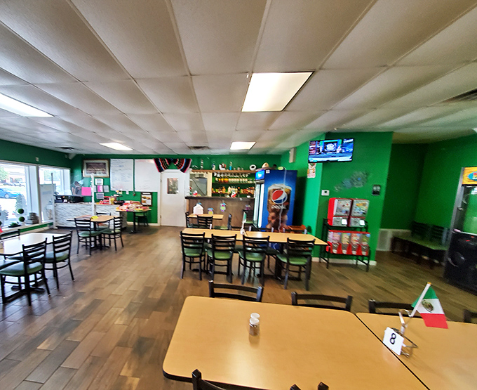 Vibrant green walls and simple furnishings tell you everything you need to know: this place puts its energy into the food, not fancy decor.