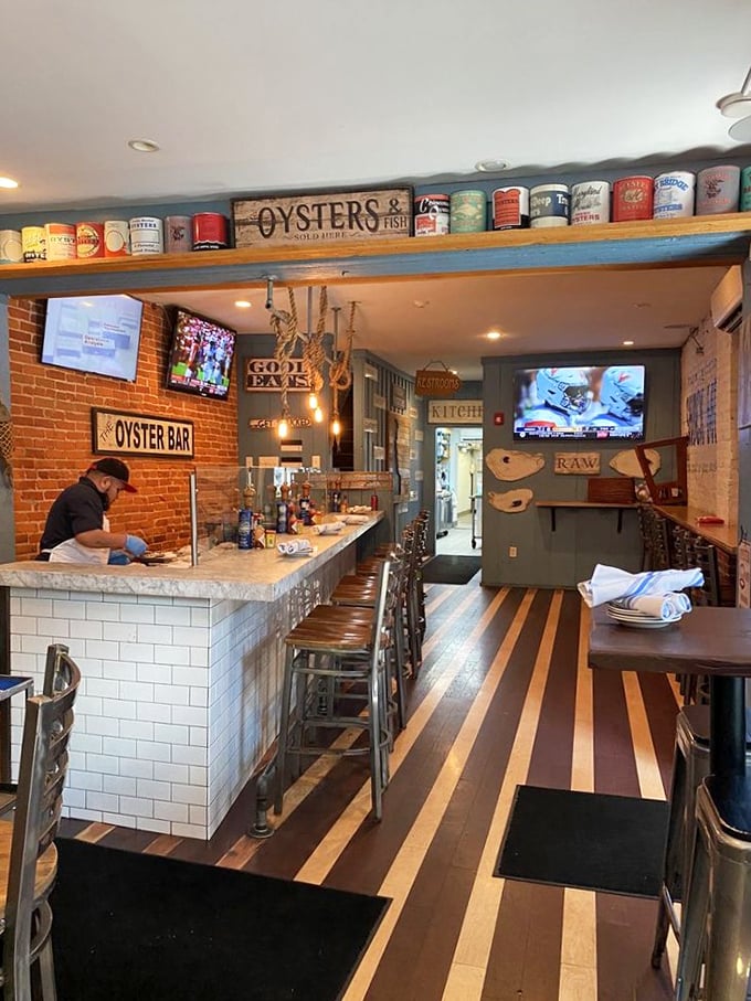 Inside, the striped wooden floors and vintage oyster tins create that perfect "I've discovered something special" feeling that makes you want to text friends immediately.