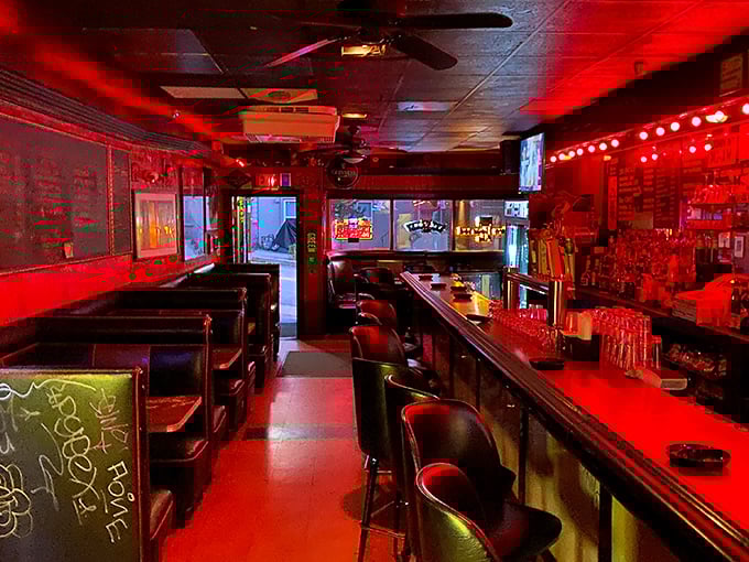 Inside, time stands still under the crimson glow that's bathed countless conversations, first dates, and "I swear I saw that band before they got famous" stories.