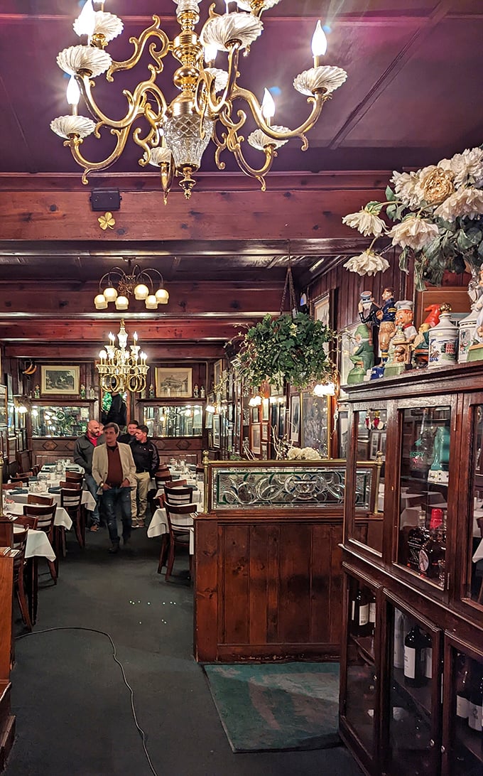 Step inside and time stands still &ndash; wood paneling, elegant chandeliers, and display cabinets filled with memories. It's like dining in your fancy Irish uncle's living room.