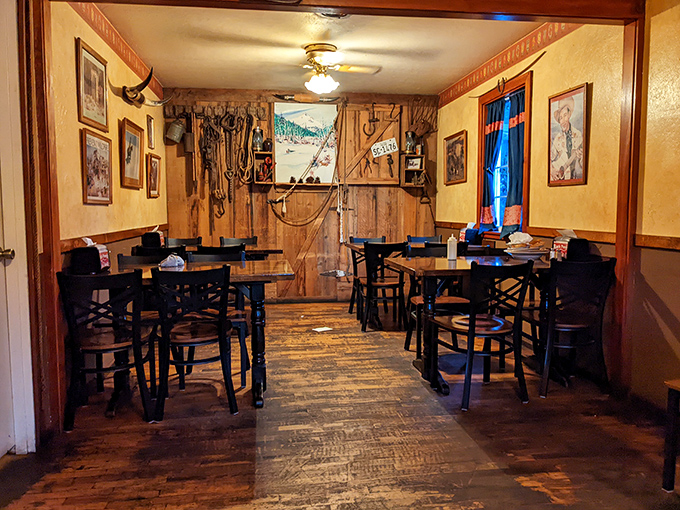 Rustic wooden floors tell stories of good times past, while Western memorabilia transforms a simple dining room into a time-traveling comfort zone.