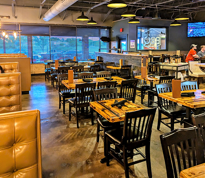 Modern meets traditional in this thoughtfully designed dining room. The perfect setting for the serious business of barbecue appreciation.