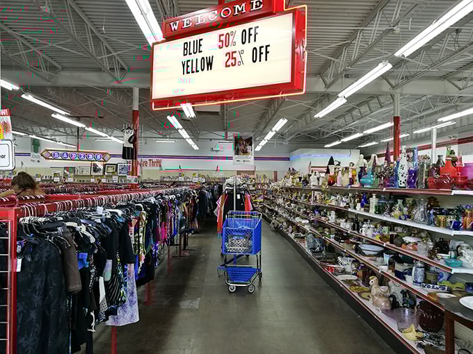 Color-coded tags guide shoppers through this retail wonderland, where yesterday's castoffs become tomorrow's conversation pieces at a fraction of retail prices.