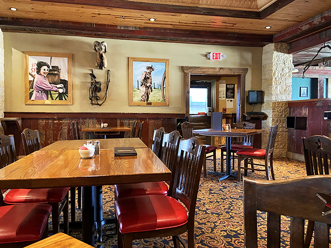 Step inside and the Western charm envelops you immediately &ndash; wooden beams, rustic artwork, and red leather chairs that practically whisper "sit down and stay awhile."