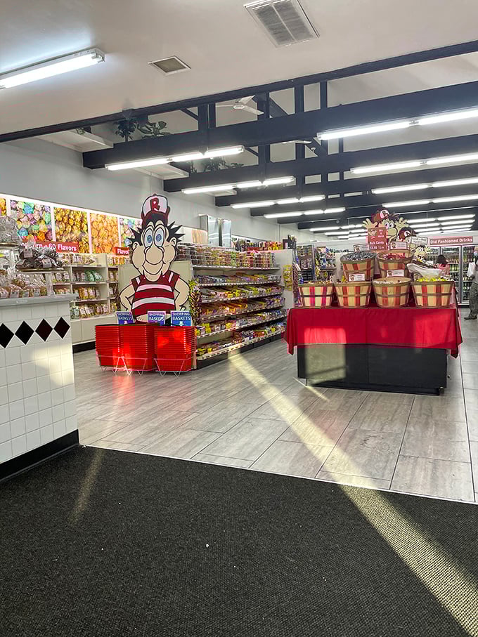 Step inside and witness your adult responsibilities evaporate faster than cotton candy in the rain. The cartoon mascot knows exactly what you're thinking.