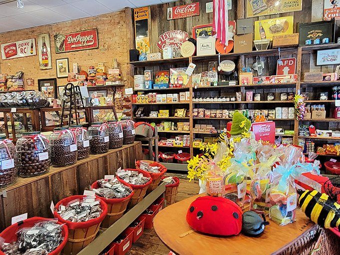 Like a museum of American confections, wooden shelves and vintage signs create the perfect backdrop for childhood memories to come rushing back.