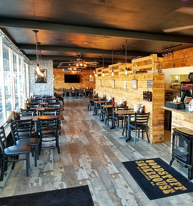 Rustic wooden walls and weathered floors set the stage for barbecue greatness, creating the perfect backdrop for meat-induced euphoria.