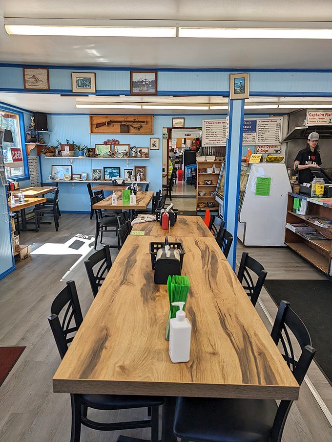 Simple wooden tables and blue walls create the perfect backdrop for seafood stardom. No distractions from what matters most&mdash;the ocean's bounty.