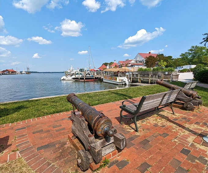 Where history meets the harbor: antique cannons stand watch over the Miles River, a reminder of St. Michaels' strategic past and picturesque present.