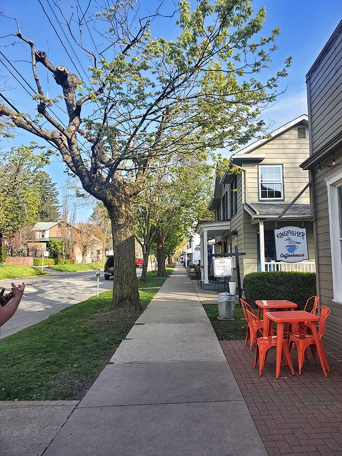 The Kingfisher Coffeehouse beckons with vibrant orange seating that practically shouts, "Sit here, chat awhile, and watch the world of Ligonier stroll by."