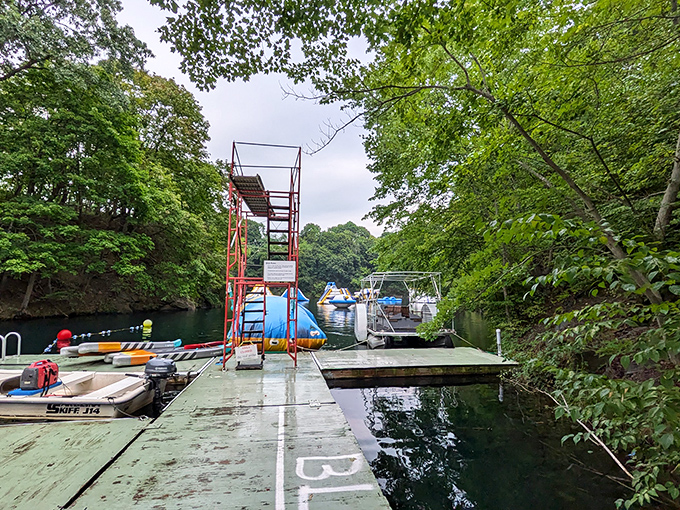 Launch point to aquatic bliss. The diving platform and dock area serve as mission control for splashdowns, boat adventures, and inevitably, spectacular cannonball competitions.