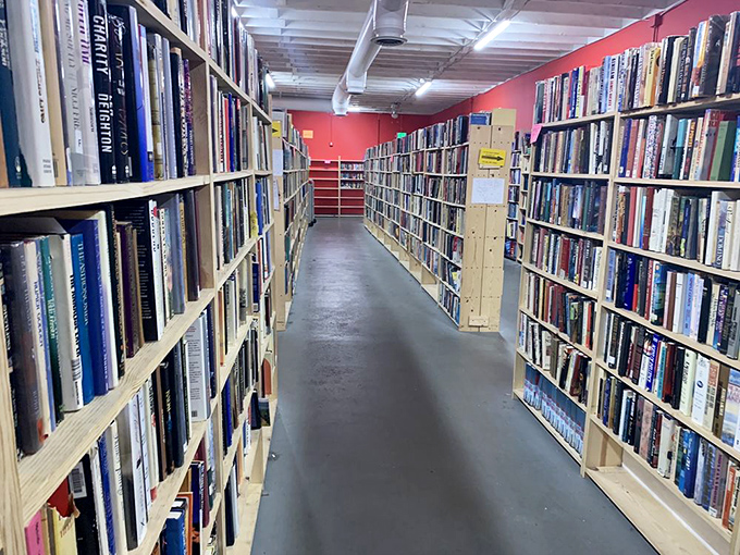 Literary canyons formed by wooden shelves reaching toward fluorescent skies. In this paper maze, adventure awaits at every turn.