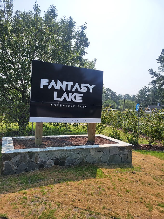 First impressions matter. This sleek sign welcomes adventure-seekers to Wake Forest's best-kept secret, promising aquatic thrills beyond the pine-lined entrance.