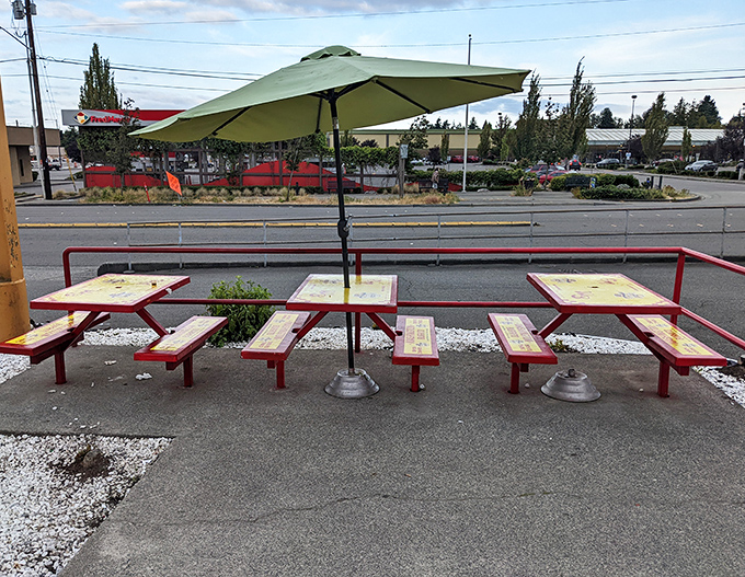 Simple tables await the flavor explosion that's about to happen on them. No fancy tablecloths needed when the food does all the talking.