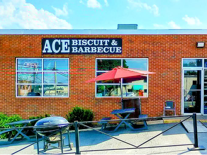 Ace Biscuit & Barbecue's brick fortress of flavor stands ready for hungry visitors. That blue sky is the perfect backdrop for smoke signals that say "get here now."