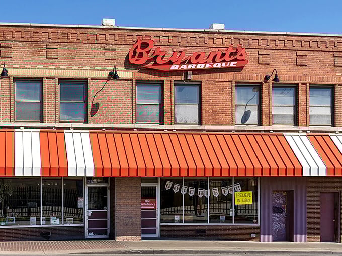 Arthur Bryant's brick fa&ccedil;ade and striped awning &ndash; the Carnegie Hall of Kansas City barbecue, where meat maestros perform daily.
