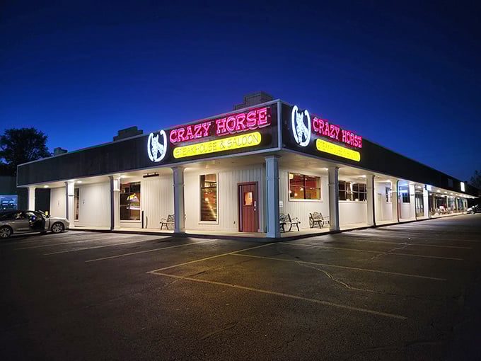 Crazy Horse lights up the night like a beacon for hungry travelers. This unassuming building houses steak nirvana.