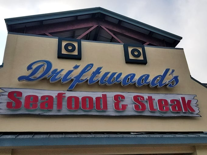 Driftwoods' sign tells you exactly what you're in for &ndash; seafood AND steak perfection. No need to choose between surf and turf here.