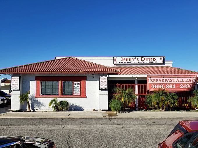 Jenny's Diner: Spanish-style roof, all-American comfort inside. Jenny's "Breakfast All Day" banner might be the most honest advertising in California.