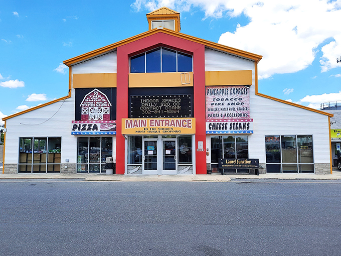 Laurel Junction's fa&ccedil;ade is like a mall designed by committee&mdash;pizza, bikes, and treasures all under one gloriously mismatched roof.