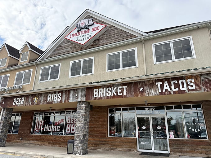 Limestone BBQ's rustic facade promises what's inside: beer, ribs, brisket, and tacos&mdash;the four food groups of happiness.