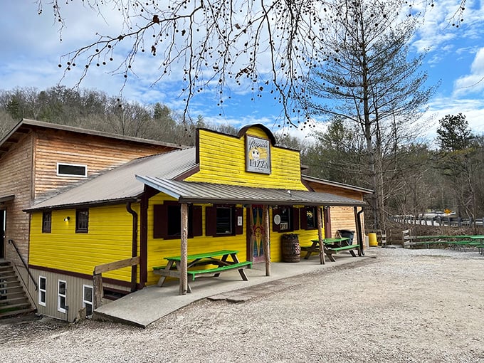 Miguel's sunshine-yellow facade stands out like a pizza oasis in Red River Gorge's natural splendor.