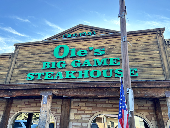 Ole's Big Game Steakhouse brings the safari to your dinner plate. The wooden facade hints at the wild adventure waiting inside.