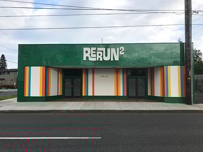 Rerun's vibrant green facade with rainbow stripes is like a portal to decades past, beckoning vintage lovers inside.