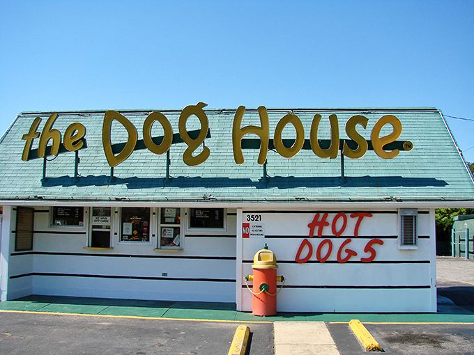 The Dog House's mint-green exterior asks, "What if Wes Anderson directed a hot dog joint?" The answer: cinematic culinary magic.