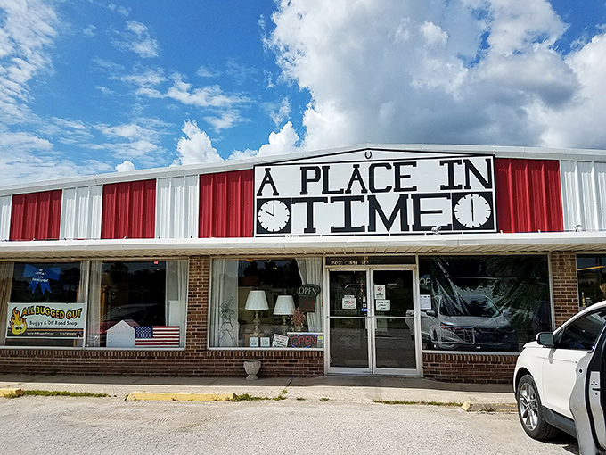 The red and white storefront promises a time-traveling adventure&mdash;no DeLorean required, just bring your imagination and some spending cash.