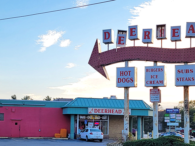 Hot dogs, burgers, and ice cream under the big blue sky. Deerhead's retro sign has been guiding hungry travelers for generations.