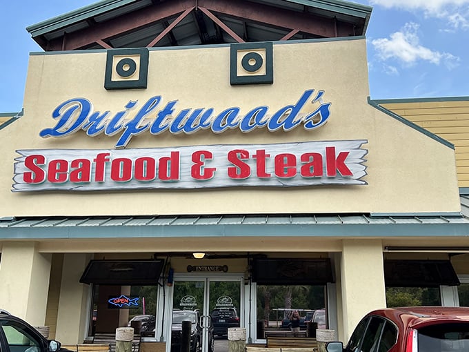 Blue lettering against coastal beige &ndash; Driftwoods' exterior is as unpretentious as it is inviting. The real showstopper waits inside.