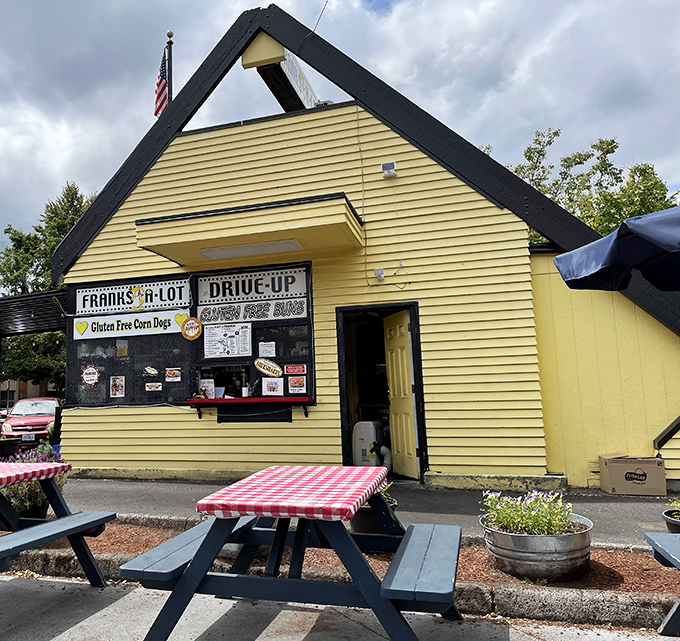 Franks A Lot: The checkered picnic tables and bold signage announce without subtlety: serious Chicago-style dog business happens at this corner of Portland.